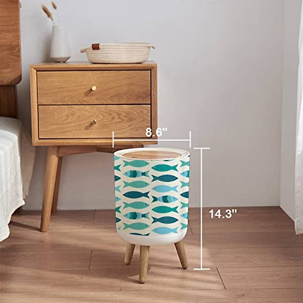Trash Can with Lid Coastal Fish Seamless Blue and Teal Green Fish on a Light Sand Modern Press Cover Small Garbage Bin Round with Wooden Legs Waste Basket for Bathroom Kitchen Bedroom 7L/1.8 Gallon