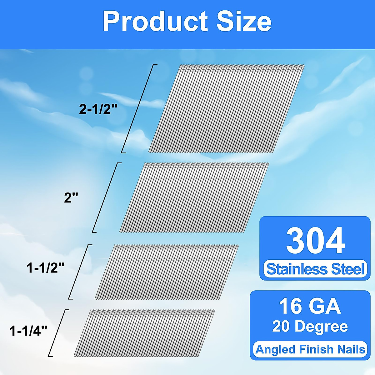 SimCos 16 Gauge Angled Finish Nails 304 Stainless Steel,(1-1/4", 1-1/2", 2", 2-1/2"), 20-Degree,Assorted Size Project Pack for Pneumatic, Electric Finish Nailer or Nail Gun (Assembly 1000)