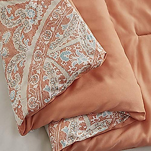 Comfort Spaces Bed in A Bag - Trendy Casual Design Cozy Comforter with Complete Sheet Set with Side Pocket, All Season Cover, Matching Shams, Twin(66"x90"), Gloria, Damask Coral 6 Piece