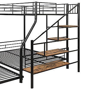 Jintop Twin Over Full Size Metal Bunk Bed with Trundle and Storage Staircase,Bedroom Heavy Duty Bed Frame W/Full-Length Guardrail,Save Space,for Kid Boy Girl Adult,Black