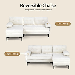 L Shaped Convertible Sectional Couch，82" Luxury Chenille 3-Seater Comfy Sofa With Reversible Chaise & Fluffy Armrests For Living Room Apartment Small Space Bedroom Office(Beige+Black legs,82")