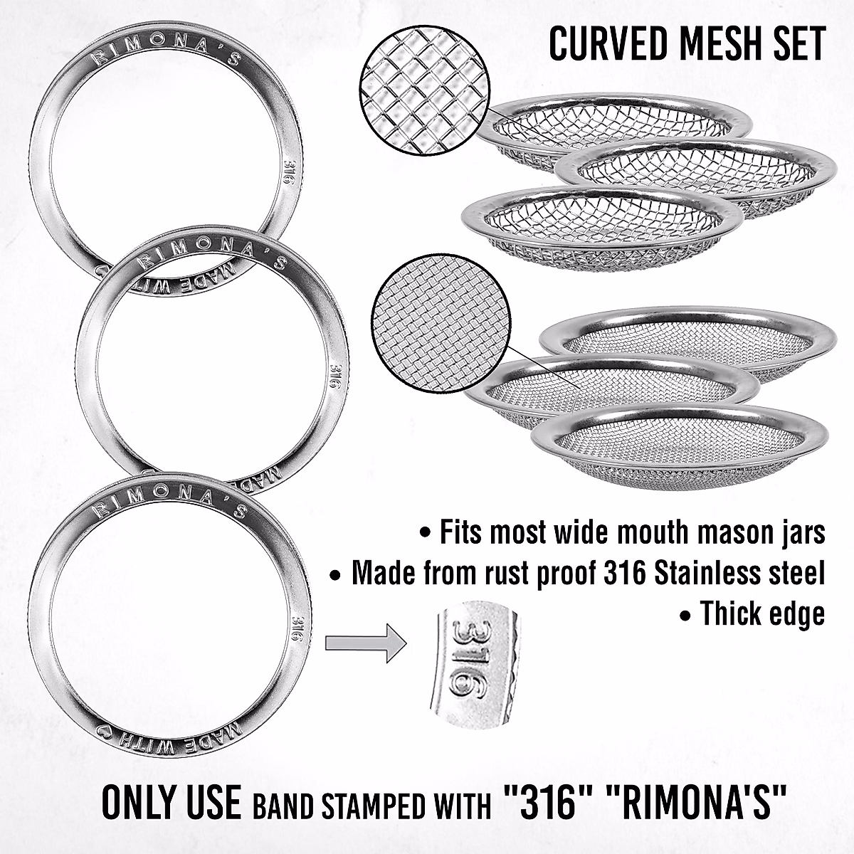 RIMONA'S 316 Sprouting Lids for Wide Mouth Mason Jars with Stainless Steel Curved Mesh Strainers - 9 pack (3 lid rings, 3 strainers of 1mm size, 3 strainers of 2.5mm size)