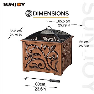 Sunjoy 26 in. Fire Pit for Outside, Patio Square Wood Burning Extra Deep Firepits with Spark Screen and Poker, Copper