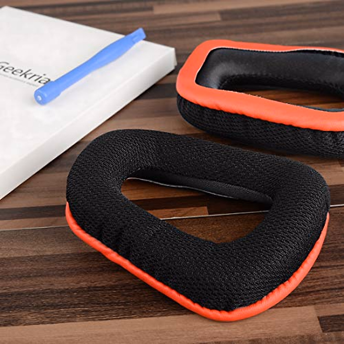 Geekria QuickFit Mesh Fabric Replacement Ear Pads for Logitech G430, G930 Headphone Ear Pad and Headband Pad/Ear Cushion + Headband Cushion/Repair Parts Suit (Red-Black)