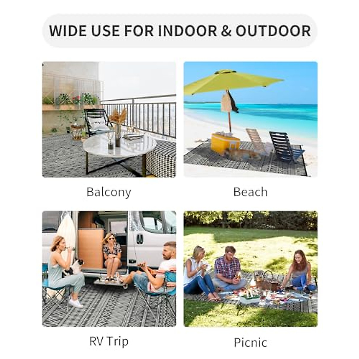 MontVoo-Outdoor Rug Carpet Waterproof 9x12 ft Reversible Patio Rug RV Camping Rug-Plastic Straw Rug Outside Indoor Outdoor Area Rug for Patio Deck Balcony Picnic Beach Outdoor Decor Boho Grey