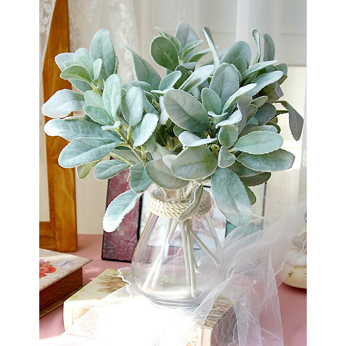 Skyseen 5Pcs Artificial Lambs Ear Greenery Leaves for Wedding Bridal Bouquet Party Home Garden Decor