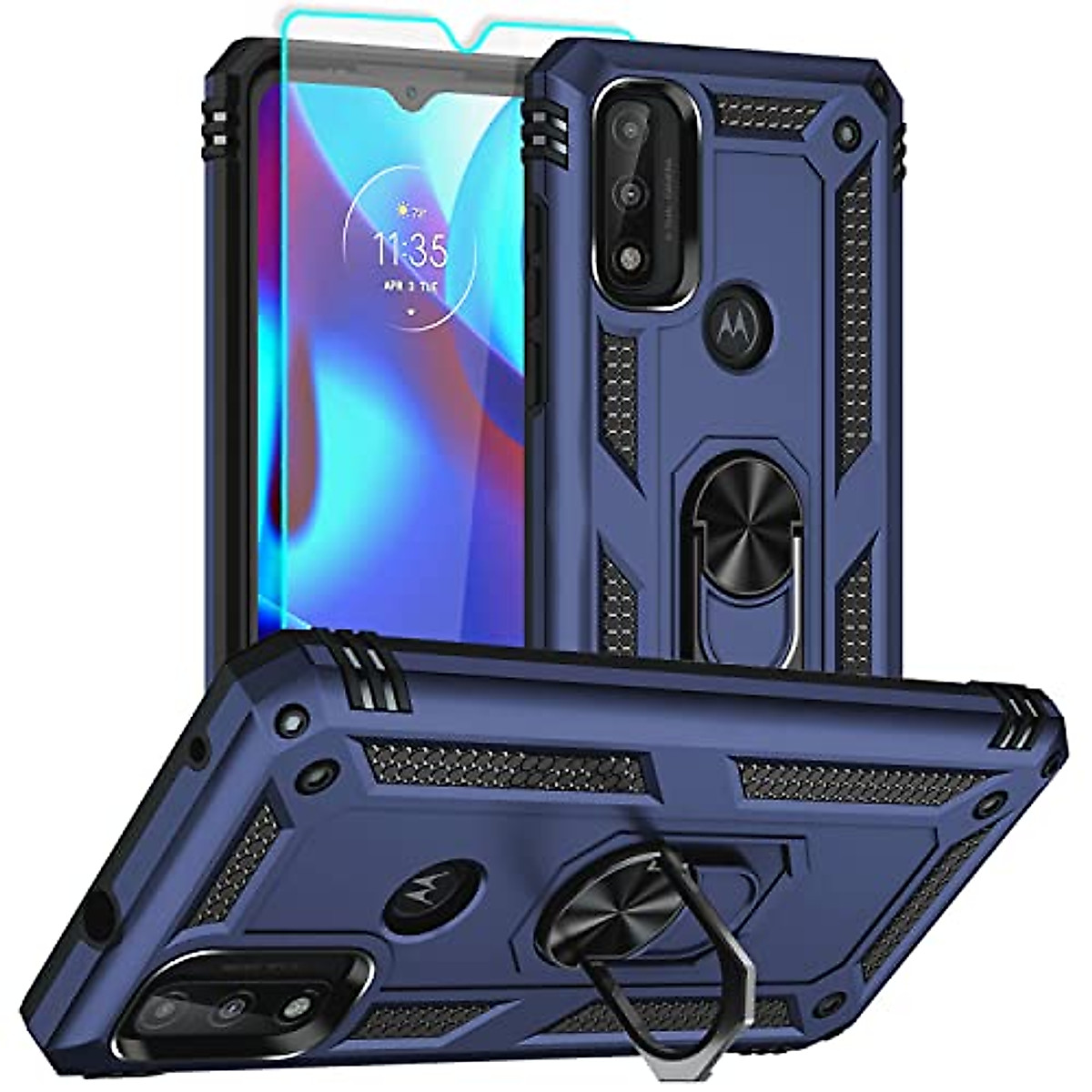 for Moto G Pure Case, Moto G Power 2022 Case with HD Screen Protector, [Military Grade 16ft. Drop Tested] Ring Shockproof Protective Phone Case for Motorola G Pure,Blue