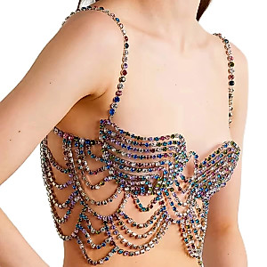 STONEFANS Rhinestone Bra Body Chains for women Sexy Colorful Fashion Bikini Crystal Chest Chain Bra Beach Lingerie Body Jewelry for Women Rave Outfit