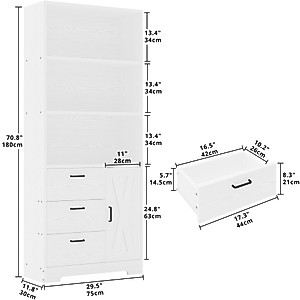 IRONCK Bookshelf with Door and 3 Drawers, 71in Tall Bookcase Shelf with 3-Tier Shelves, for Bedroom Living Room Entrance Hallway Home Office
