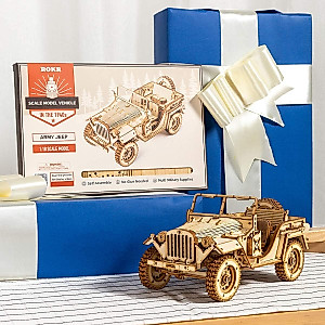 ROKR 3D Wooden Puzzle for Adults Mechanical Car Model-DIY Building Vehicle Kits-Brain Teaser Toys-Gift for Men Women on Birthday/Christmas Day (Army Field Car)