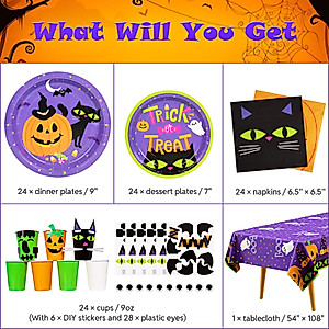 DECORLIFE 131 Pcs Halloween Party Supplies, Dinnerware Set Includes Halloween Plates and Napkins Tablecloth Cups DIY Stickers - Pumpkin Ghost Halloween Birthday Party Decorations for Kids, Serve 24