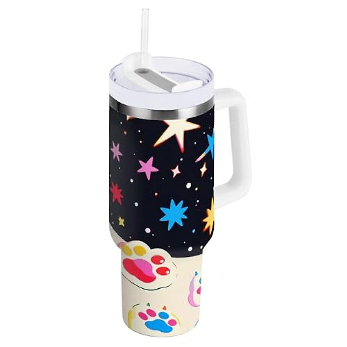 Nexawaveo Animal Paws Stars Stainless Steel Tumbler with Handle and Straw Fits in Standard Cup Holder Iced Coffee Cups for Smoothie Cocktail Beer Soda Fruit Juice
