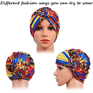 SATINIOR 3 Pieces African Turban for Women Knot Pre-Tied Bonnet Beanie Cap Headwrap (Black Orange Pink Geometry)
