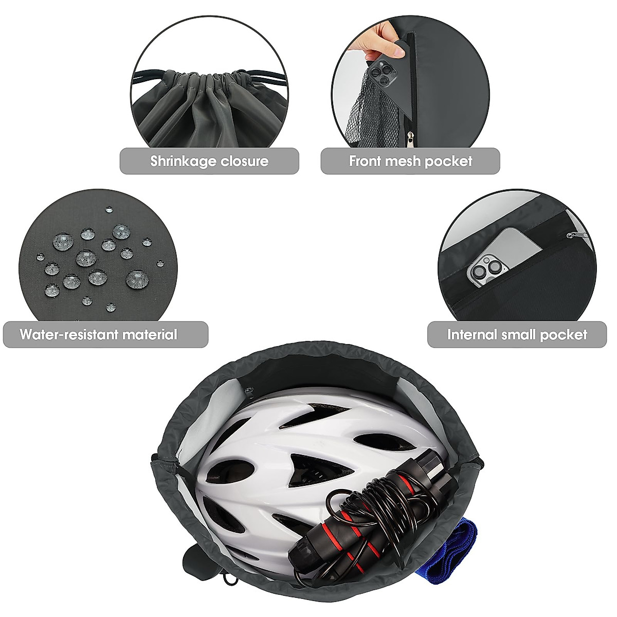 WANDF Drawstring Backpack Sports Gym Sackpack with Mesh Pockets Water Resistant String Bag for Women Men (Grey)