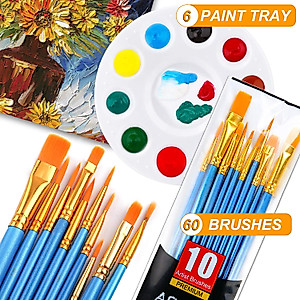 Painting Brush Palette Set, with 6 Packs of 60 Brushes and 6 Palettes ,Nylon Brush Head, Suitable for Oil Watercolor, etc., Perfect Art Painting Set.