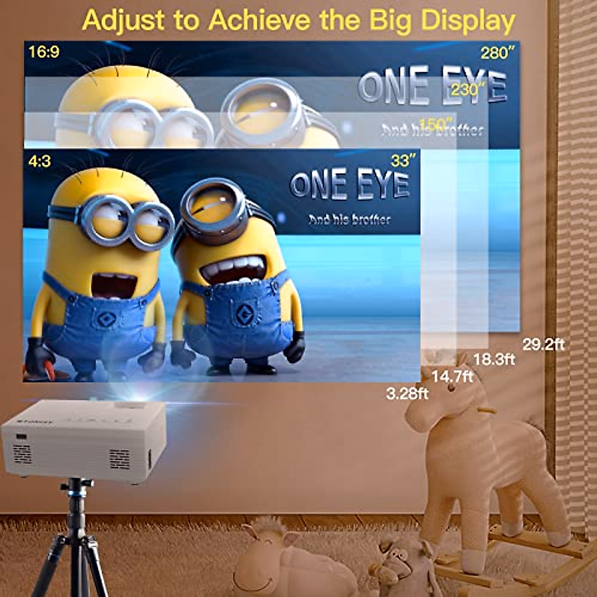 Projector Mini,WTONISY 2023 Newest Mini Projector with Tripod,10000 Lumen Movie Projector,Portable Outdoor Projector Built-in Speaker,Compatible with TV Stick,HDMI,PS4,iOS,Android Phone