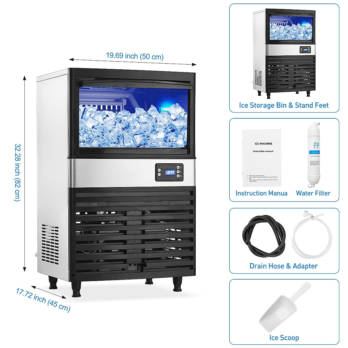 Commercial Ice Maker Machine, 150lbs/24H Stainless Steel Under Counter ice Machine with 30lbs Ice Storage Capacity, Freestanding Ice Maker for Bar Home Office Restaurant, 340W