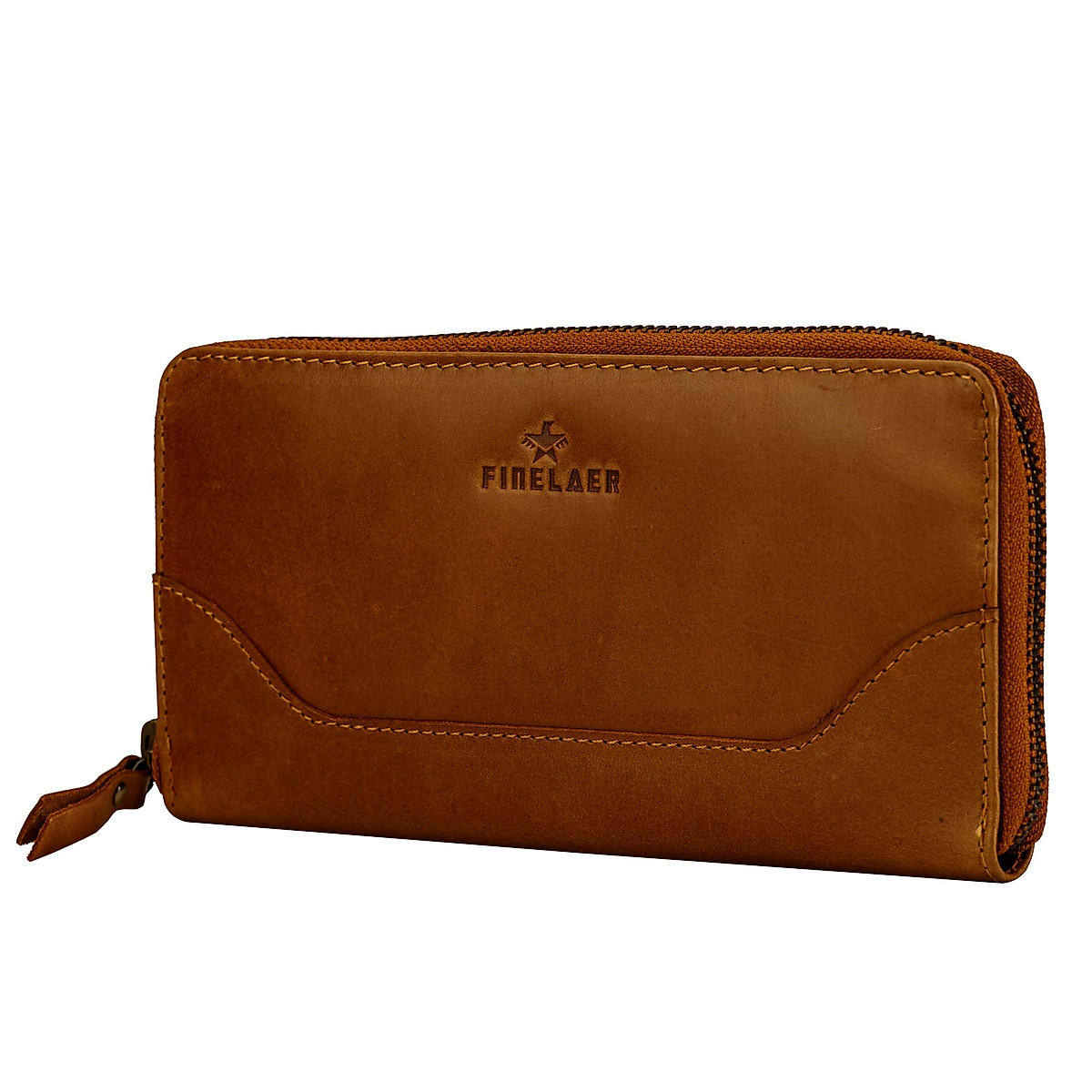 FINELAER Brown Leather Women Wallet Purses Zip Around RFID