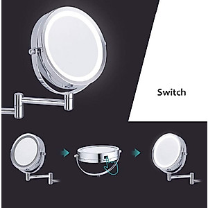 SUuim Bathroom Mirrors Wall Mounted Makeup with LED Lights Double Side Extending Folding Round 6 Inch 5X Magnification