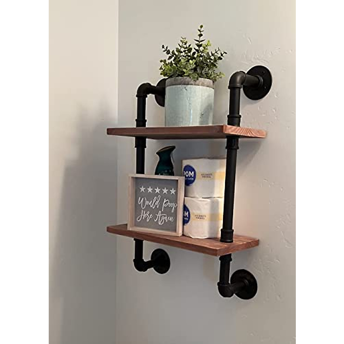ROGMARS Industrial Pipe Floating Bathroom Shelves Rustic Wood Ladder Bookshelf Wall Mounted Rustic Wood Shelf for Living Room Decor and Storage 15 inch (2 Tier)
