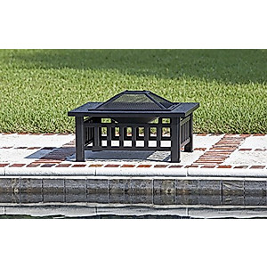 Fire Sense 62249 Fire Pit Stonemont Wood Burning Lightweight Portable Outdoor Firepit Backyard Fireplace for Camping Bonfire Included Screen Lift Tool - Square - Black