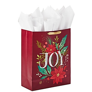 Hallmark 15" Extra Large Christmas Gift Bag with Tissue Paper (Dark Red with Poinsettia Flowers, "JOY") for Mom, Sister, Grandmother, Wife, Teacher, Boss