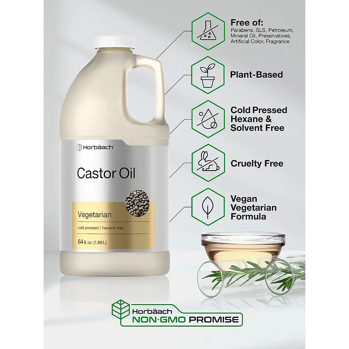 Horbäach Castor Oil 64oz | for Hair, Eyelashes & Eyebrows | Hexane Free & Cold Pressed | Vegetarian, Non-GMO
