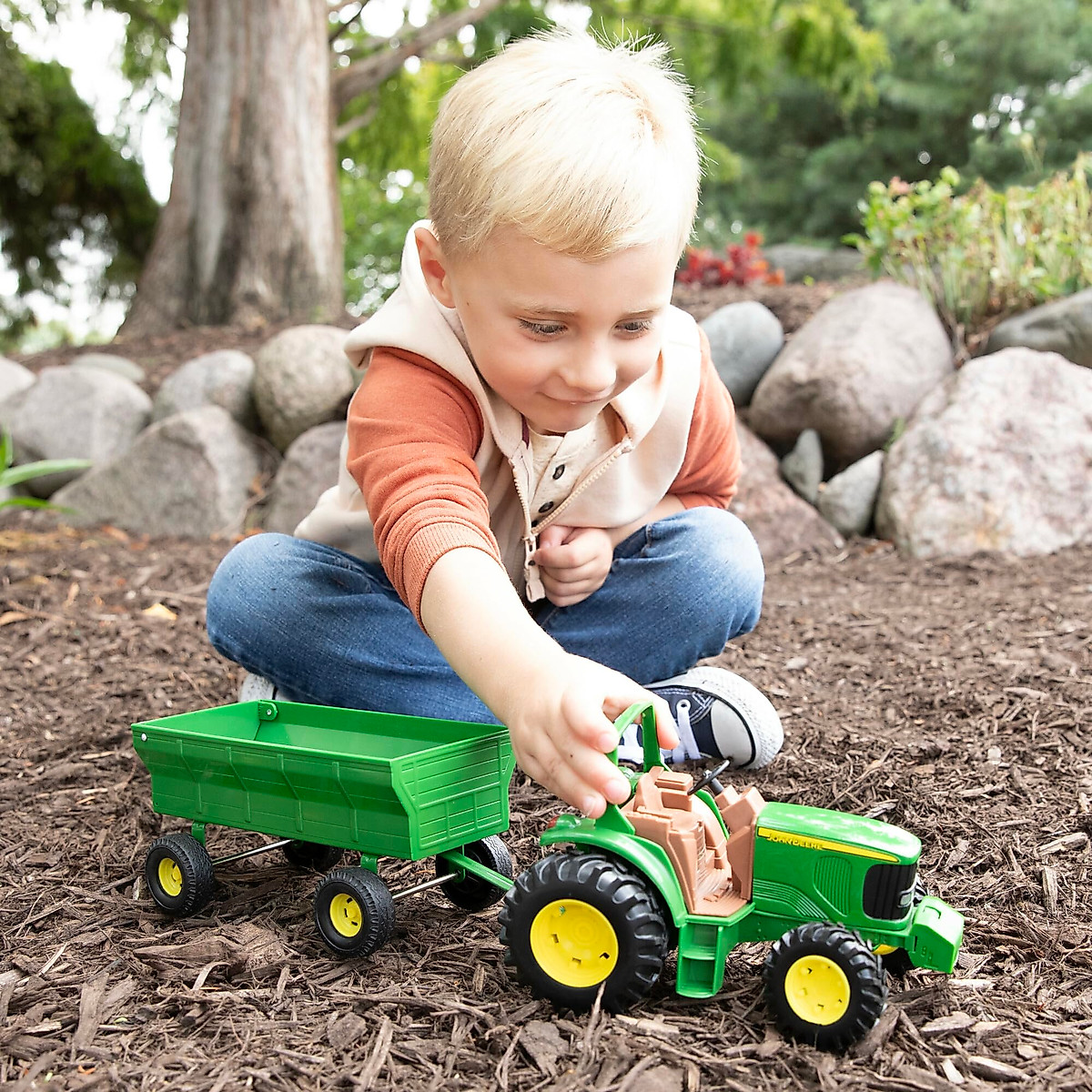 John Deere Kids Tractor Wagon Set - 8 Inch Toy Tractors for Toddlers Ages 3 and Up