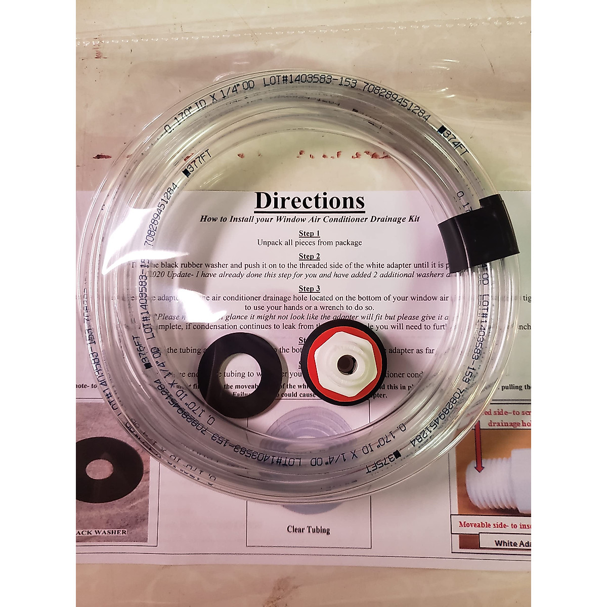 Window Air Conditioner Drain Kit Drip Hose AC Condensate Drain Line Simple Screw in Adapter Connector Complete Kit with Pre-Installed O Rings Washer and Clear Tubing Included (10ft Mini Kit)