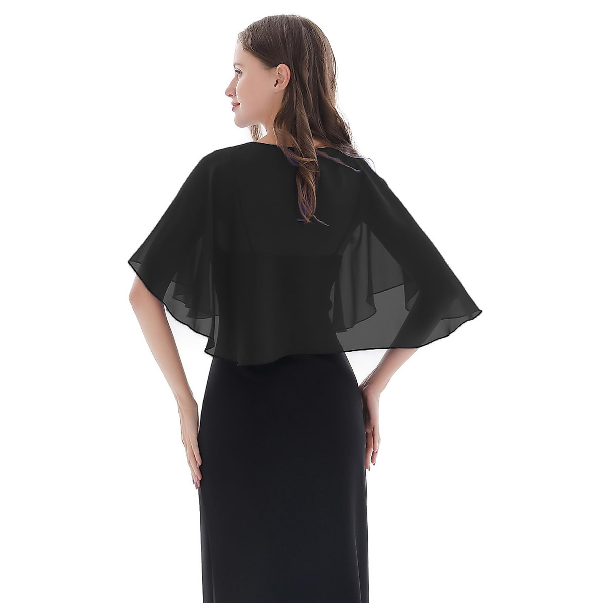 Baoqiya Chiffon Capelet Bridal Capes Soft Shawls and Wraps for Dresses Women Accessories(Black1)