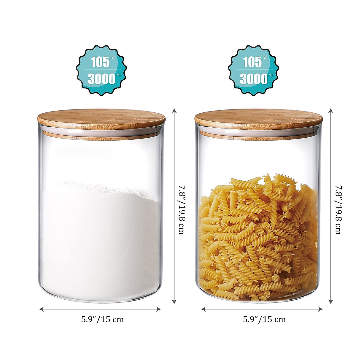 INCETUE 3000ML / 100 FL Oz Glass Storage Jar with Wood Lid, Stackable Clear Cylinder Bottle Canister Pantry Jar with Air Tight Bamboo Lid for Food, Coffee, Flour, Sugar, Spaghetti, Herb, Cookie, Tea