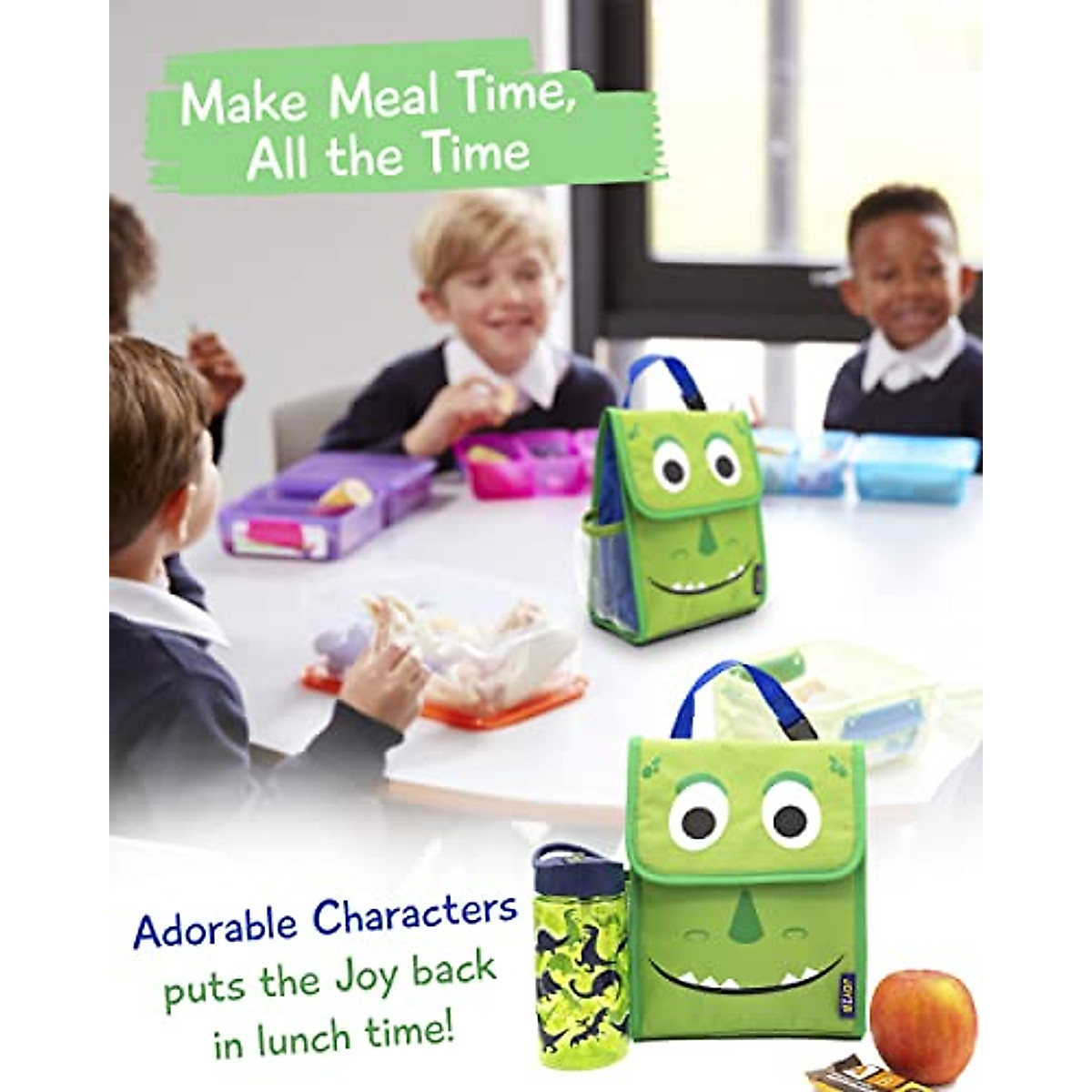 JOY2B Kids Lunch Bag - Insulated Dino Lunch Bag Kids with Water Bottle Holder - Reusable Snack Bags for Boys and Girls, Dinosaur Lunch Box Kids Perfect for School Camp Travel - Daring Dinosaur