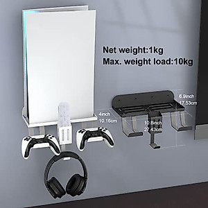 BELOPERA Ps5/Ps4 Wall Mount kit, 6-in-1 PS5 (Disc and Digital) Metal Wall Mount Stand with 2 Detachable Controller Hanging Bracket/Headset Hanger/Remote Box/Charging Cable – White