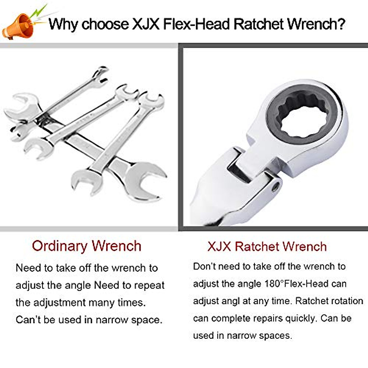 BULLTOOLS 6-Piece Flex-Head Extra Long Ratcheting Wrenches Double Box End Chrome Vanadium Steel 72-Tooth Wrench Set with Metric 8mm - 19mm