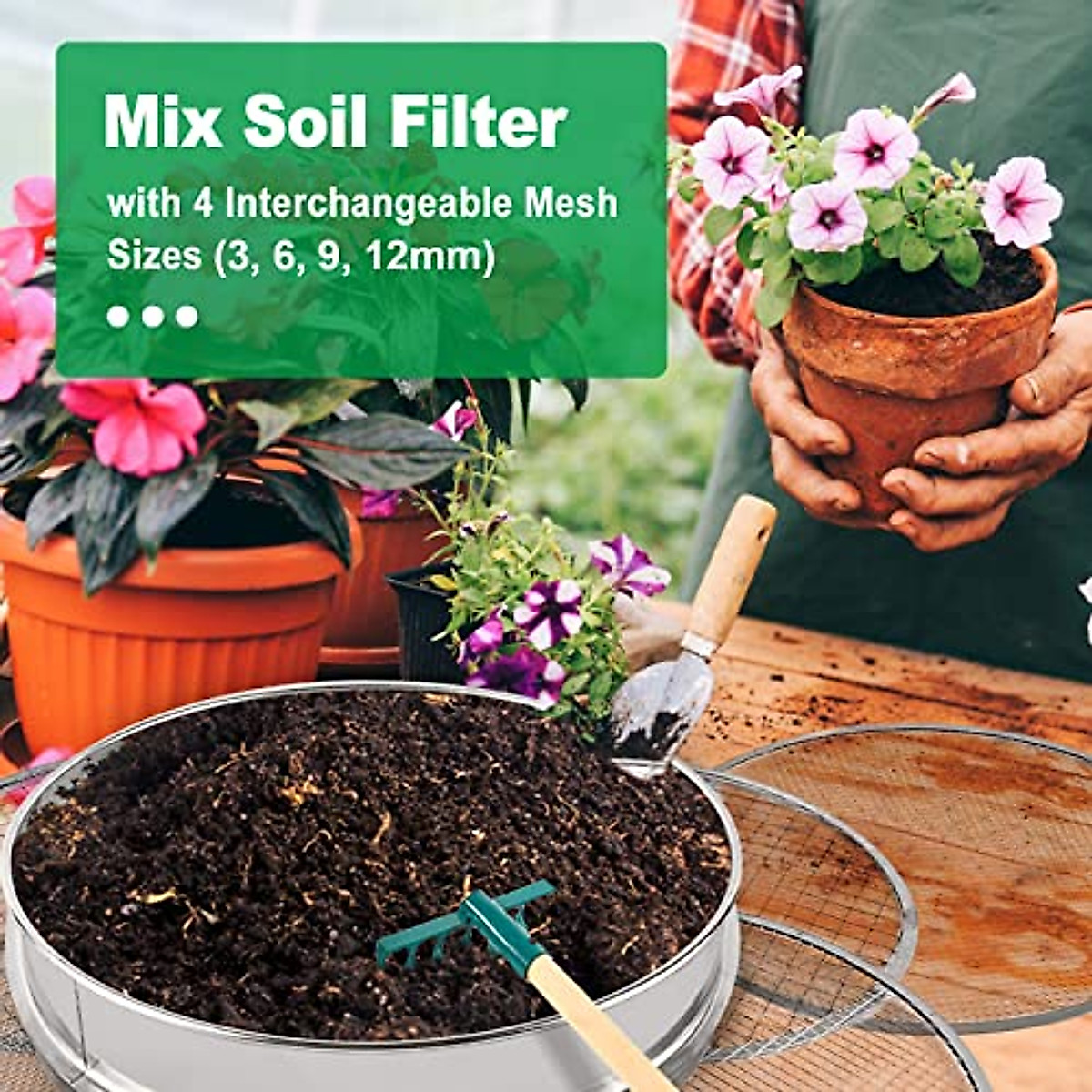 Patioer Garden Potting Mesh Sieve Sifting Pan - Stainless Steel Riddle - Mix Soil Filter - with 4 Interchangeable Mesh Sizes (3, 6, 9, 12mm)