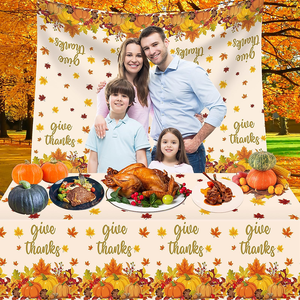 3 Pcs Thanksgiving Tablecloth - Give Thanks Plastic Table Cloth Disposable Rectangular Fall Pumpkin Maple Leaves Table Cover for Thanksgiving Day Party Decorations Table Decor Supplies,108 x 54 Inch