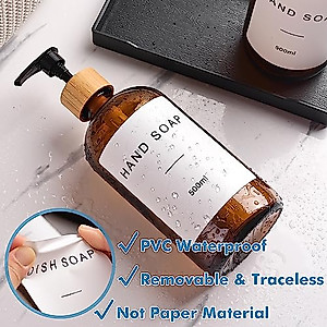 Glass Soap Dispenser, 16oz Shampoo Bottles with Pumps & Tray & Waterproof Labels Set, Liquid Container Counter Organizers for Bathroom Kitchen Lotion Conditioner, Home Decor Essentials (Amber)