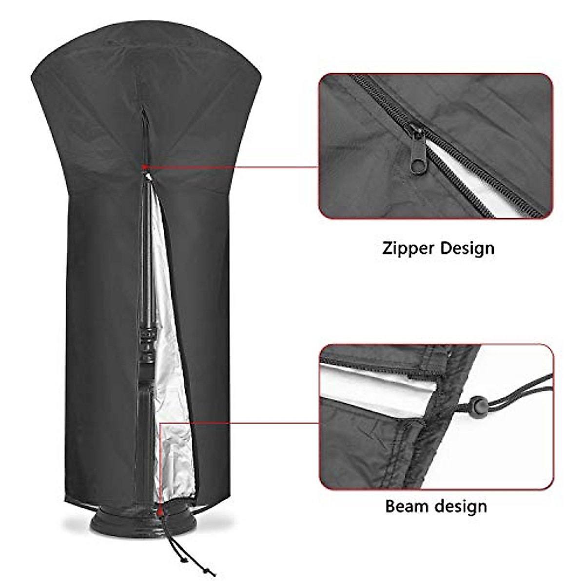J&C Patio Heater Cover-Black Waterproof Dust-Proof Durable Veranda Outdoor Heater Cover with Zipper for Round Stand Up Patio Heater (86x19x33in)