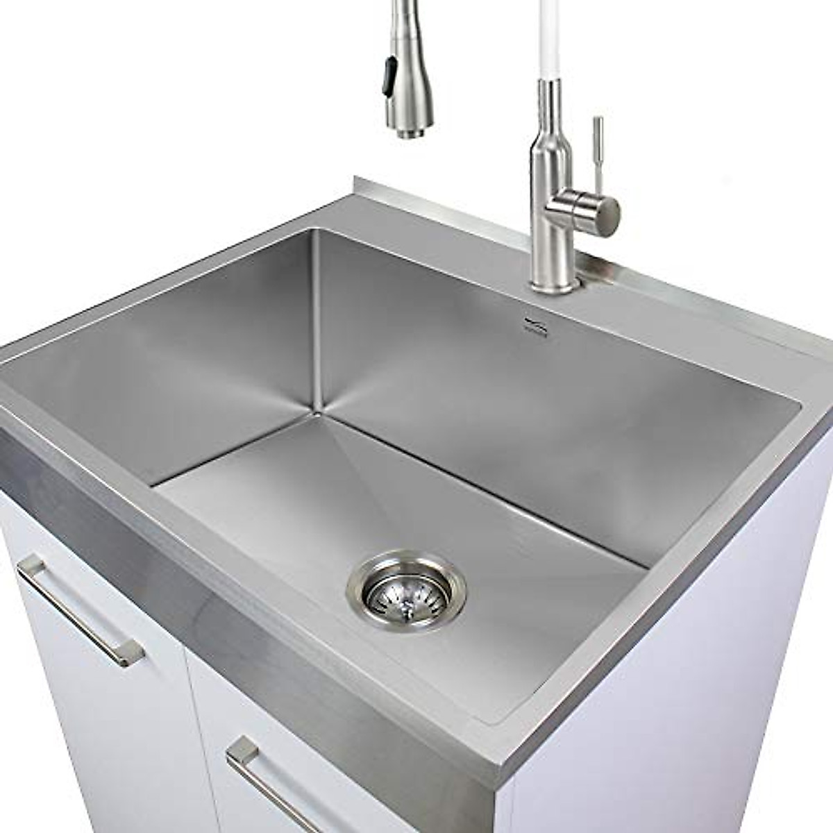 Transolid TCAB-2420-WS 24-in Laundry Cabinet Sink, Stainless Steel High Arc Faucet, and Basket, White