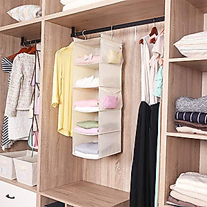MAX Houser 5 Shelf Hanging Closet Organizer, Space Saver, Cloth Hanging Shelves with 4 Side Pockets, Foldable, Beige
