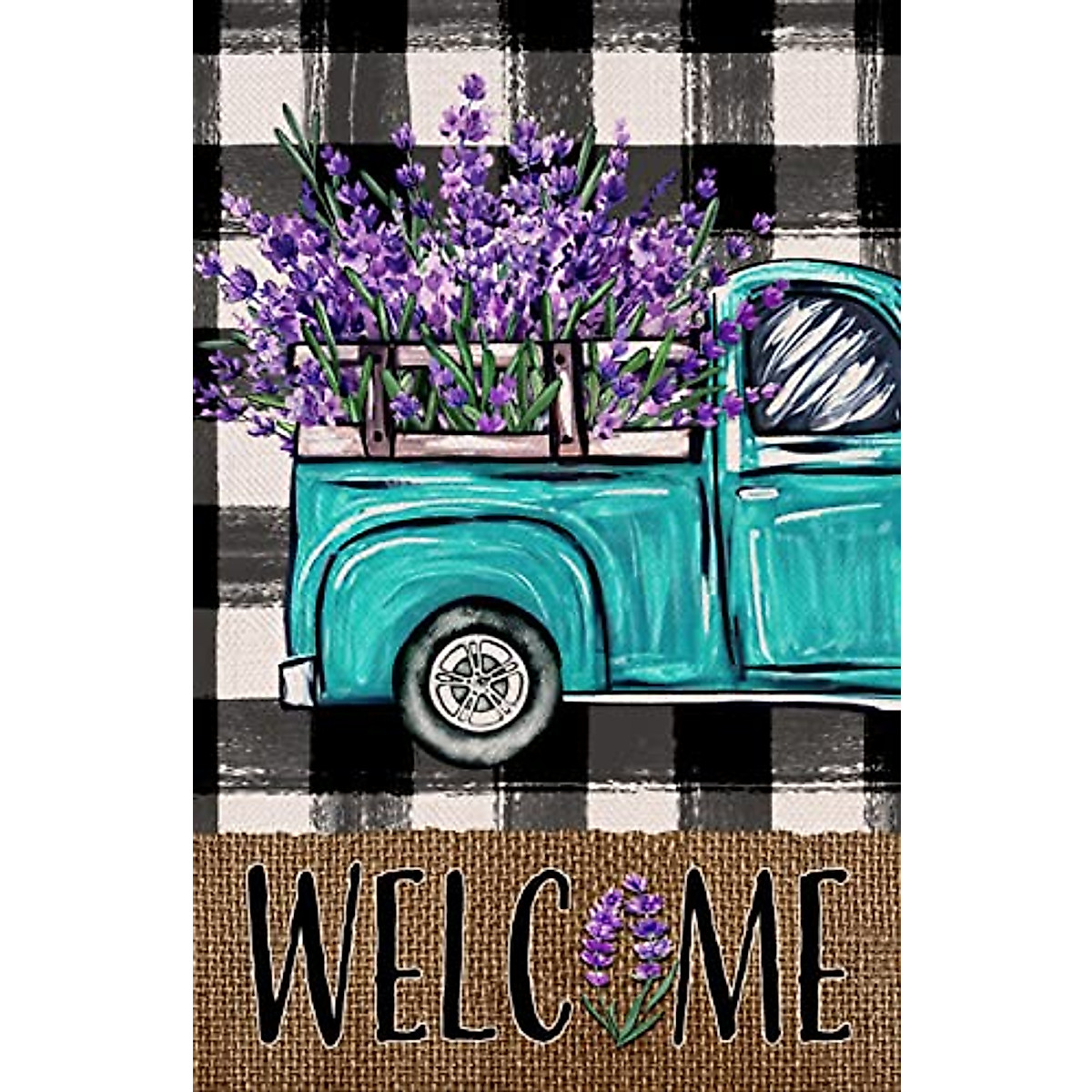 Covido Welcome Spring Blue Truck Decorative Garden Flag, Lavender Flowers Buffalo Plaid Check Yard Outside Decorations, Summer Farmhouse Burlap Outdoor Small Home Decor Double Sided 12 x 18