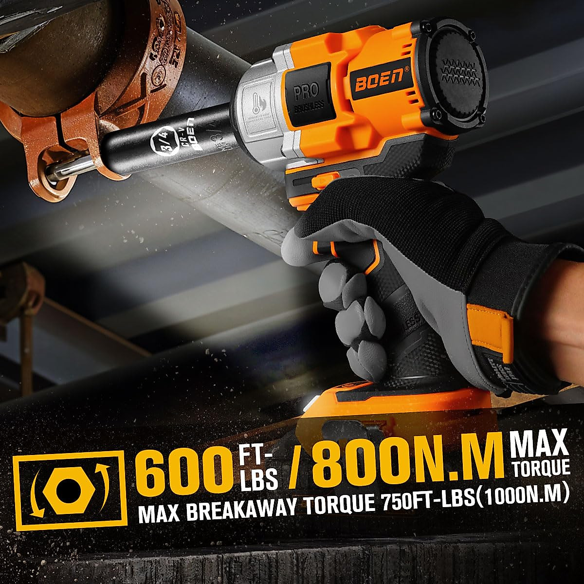 boen Cordless Impact Wrench 1/2 inch, 600FT-LBS(800N.m), Brushless Electric Impact Wrench, 2200RPM High Torque Impact Gun for Car Home, Includes 4.0Ah Battery×1, Charger, IW-75