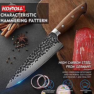 KONOLL Chef Knife Forged Handmade 8 Inch Professional Kitchen Knife, Meat Cleaver HC Stainless German Steel with Full Tang Wood Handle