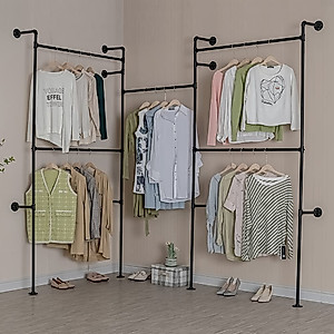 EDCB Industrial Pipe Clothes Rack, Heavy Duty Detachable Wall Mounted Black Iron Garment Bar, Clothing Store Display Stands Garment Rack Closet System (125.5 x 93.7inch)