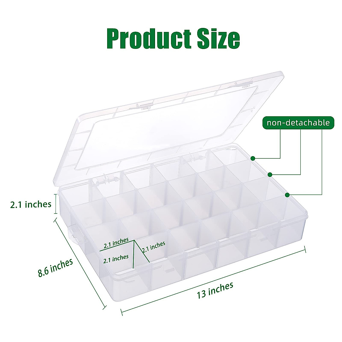 iBune 2 Pack 24 Grids Large Plastic Compartment Container for Washi Tape, Bead Storage Organizer Box Case with Removable Dividers for Craft Tackles Tools, Size 13.1 x 8.7 x 2.1 in, White