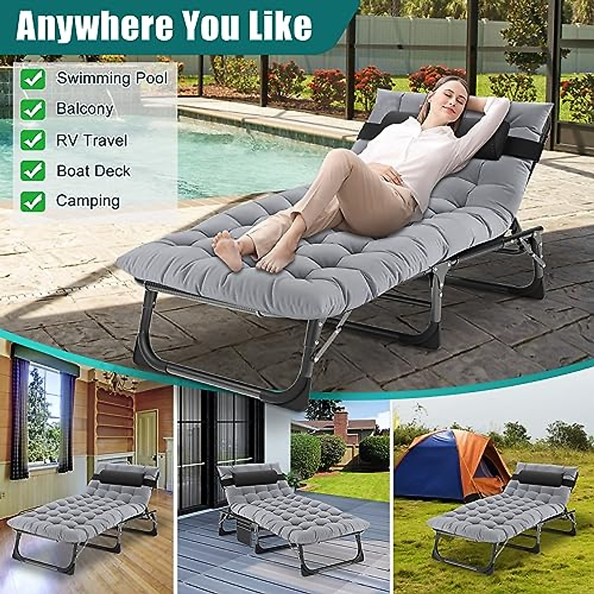 DoCred Folding Lounge Chair with Mattress, 4 Position Adjustable Folding Sleeping Bed Cot Chaise Lounge Chairs Perfect for Sunbathing, Camping, Pool, Beach, Patio