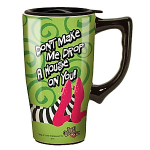 Spoontiques Drop A House On You Ceramic Travel Coffee Mug with Lid and Handle - Wizard of Oz Double Walled Mug for Hot and Cold Beverages - Microwave and Dishwasher Safe, Spill Proof Lid