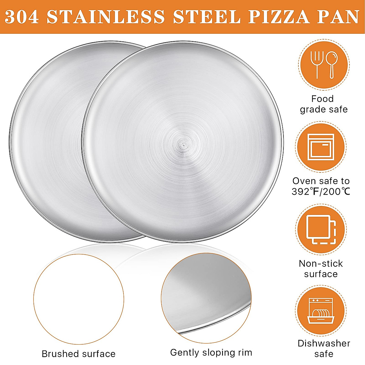 Worldity Pizza Serving Tray, 12 Inch Stainless Steel Pizza Pan, Food Grade Safe Pizza Pans, Round Pizza Tray for Oven, Pizza Plate for Pie, Cookie, Dishwasher Safe(4 Pack)