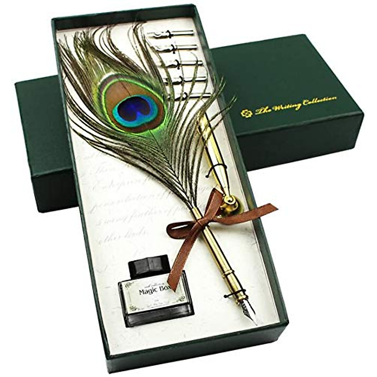 Quill Pen Ink Set-Vintage Peacock Feather Pen with Holder,5pc Metal Pen Nib Writing Calligraphy Pen Holiday Gift