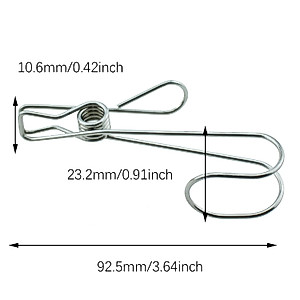 SQXBK 24PCS 95mm Hanging Universal Clip Clothes Clip Chip Clip Opening Clip Silver Stainless Steel No Rust Spot Strong Grip Long Tail Clip for Kitchen Bathroom Office